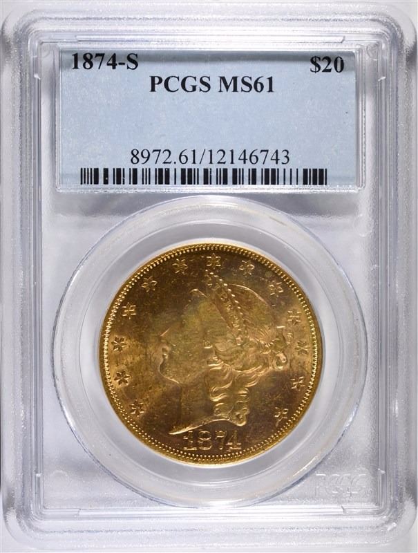 1874-S TWENTY DOLLAR GOLD TYPE 2 PCGS MS61 BETTER DATE