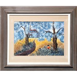 Ari Gradus, Boy and Dog by House, Watercolor and Gouache Painting