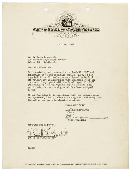 F. SCOTT FITZGERALD Autograph Typed Document Signed on MGM Pictures ...