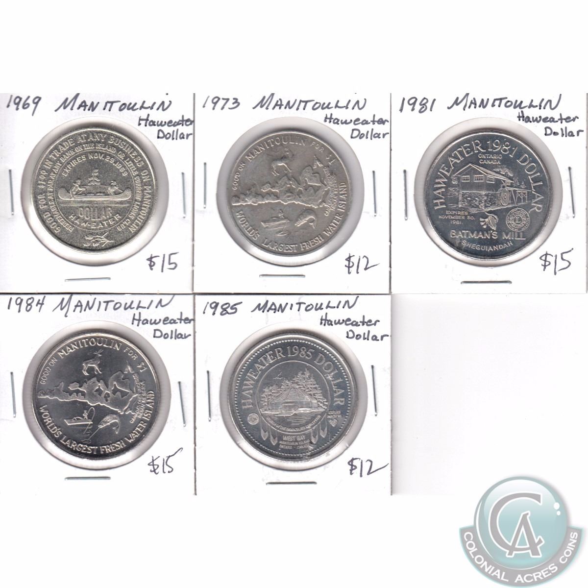 Lot of 5x Manitoulin, Ontario Haweater Trade Dollars Dated 1969, 1973 ...