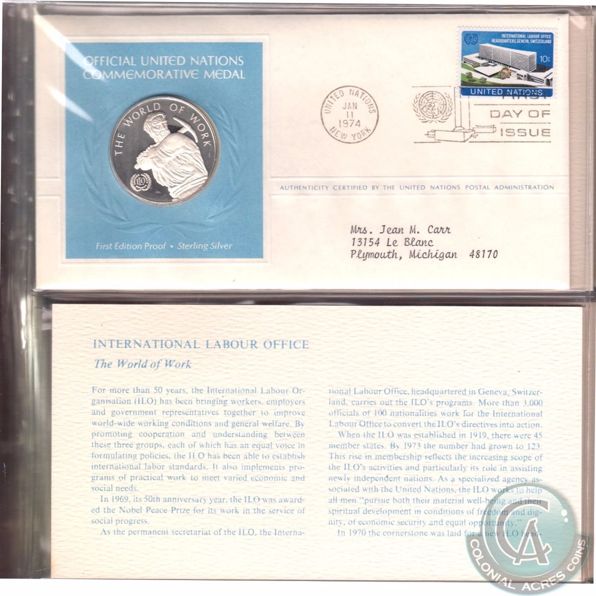 1974 United Nations Sterling Silver Proof Medallic Art First Day Cover ...
