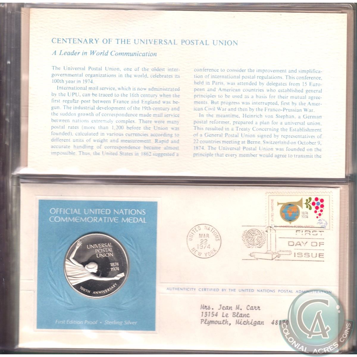 1974 United Nations Sterling Silver Proof Medallic Art First Day Cover ...