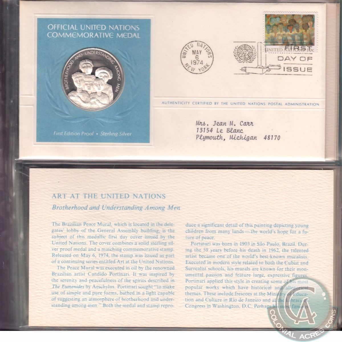 1974 United Nations Sterling Silver Proof Medallic Art First Day Cover ...