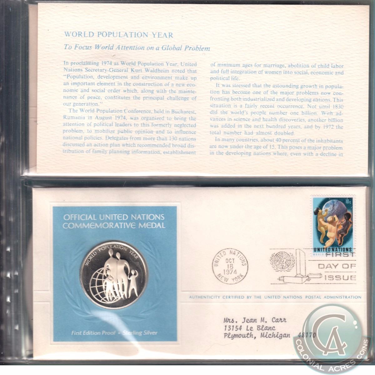 1974 United Nations Sterling Silver Proof Medallic Art First Day Cover ...