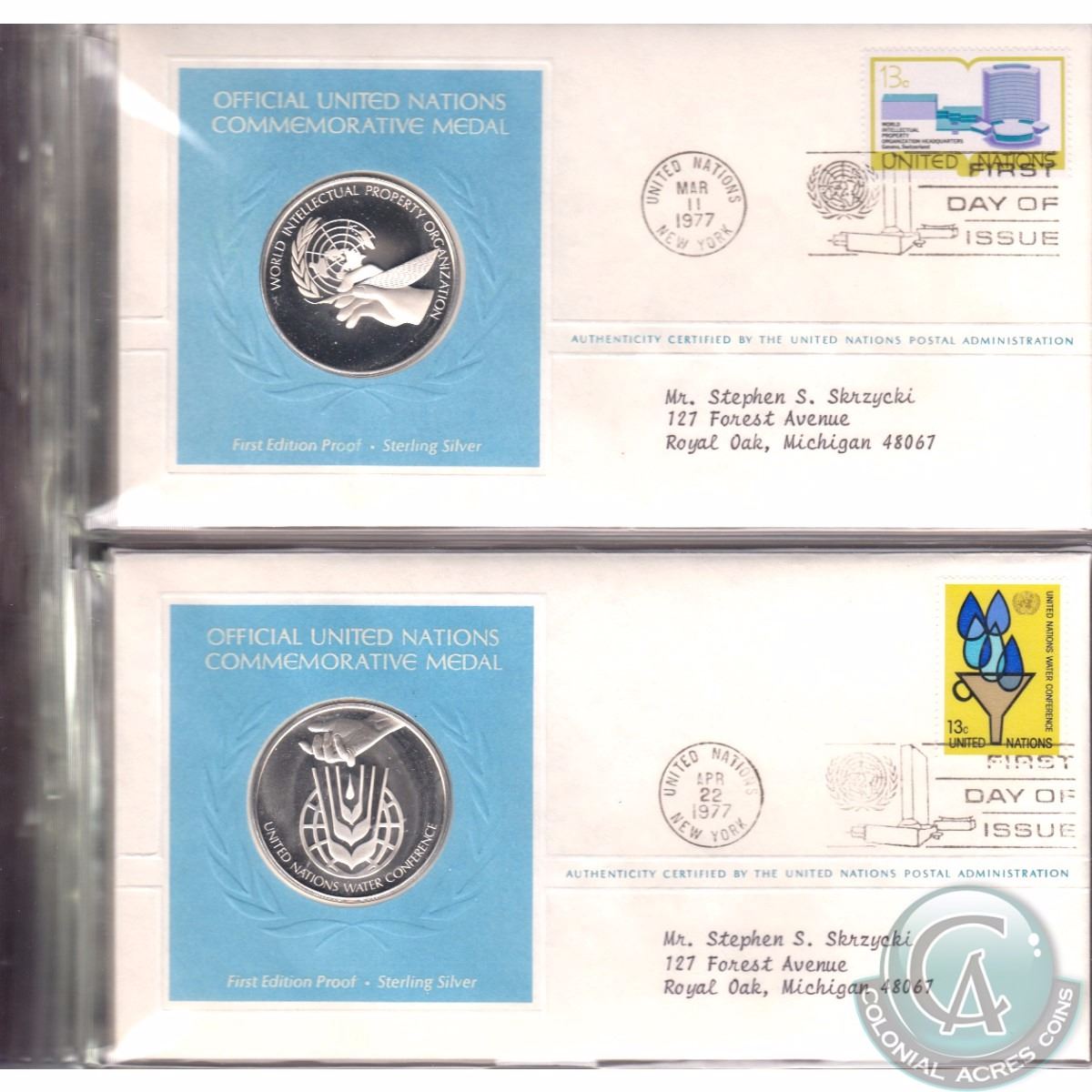 1977 United Nations Sterling Silver Medallic Art First Day Cover Stamp ...