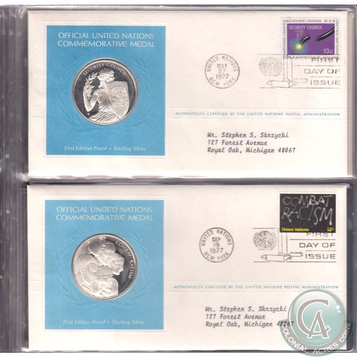 1977 United Nations Sterling Silver Medallic Art First Day Cover Stamp ...