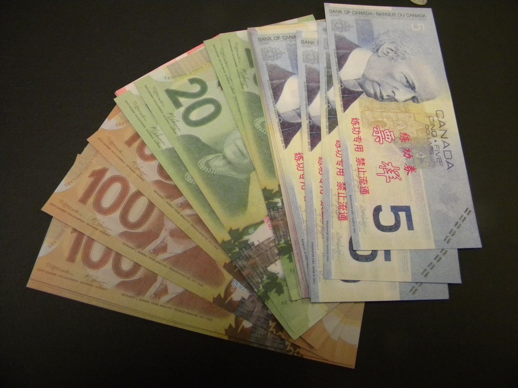 APPROX 28 CANADIAN PAPER TRAINING PROP MONEY BILLS (5,10,20,50,100S)