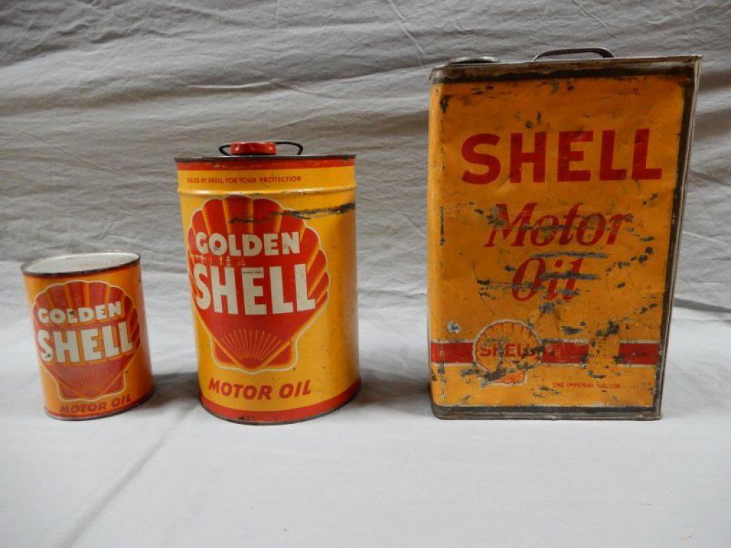 LOT OF 3 SHELL OIL CANS 2 IMP GALLON CANS, ONE CAP MISSING GOLDEN SHELL ...