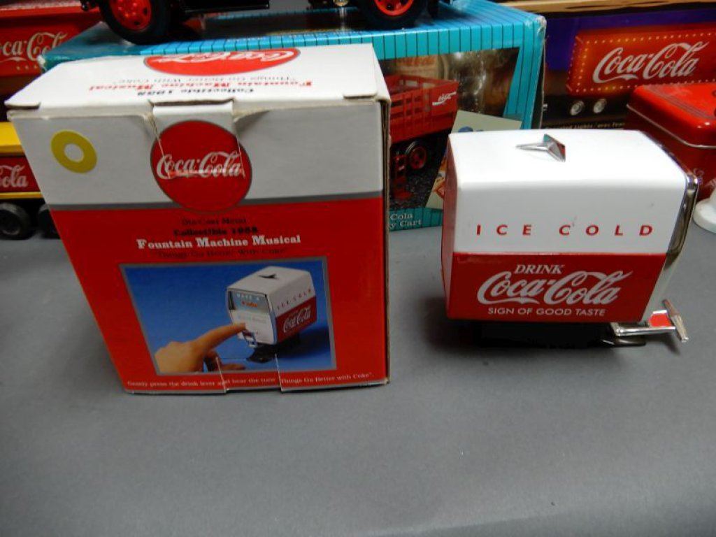 LOT OF COCA-COLA COLLECTIBLES 11 TOY TRUCKS, FOUNTAIN MUSIC MACHINE, 3 ...