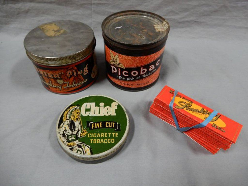 Lot Of 6 Tobacco Collectibles Brier 12 Lb Tin Chief 2 Oz Tin Picobac 12 Lb Tin Britannia 3