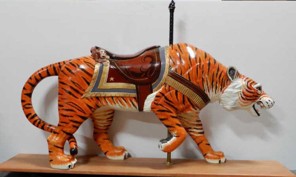 CAROUSEL TIGER WITH A MONKEY ON IT'S BACK ON ROLLER BASE - PAINTED WOOD ...