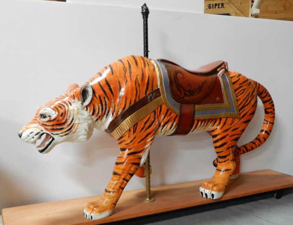 CAROUSEL TIGER WITH A MONKEY ON IT'S BACK ON ROLLER BASE - PAINTED WOOD ...
