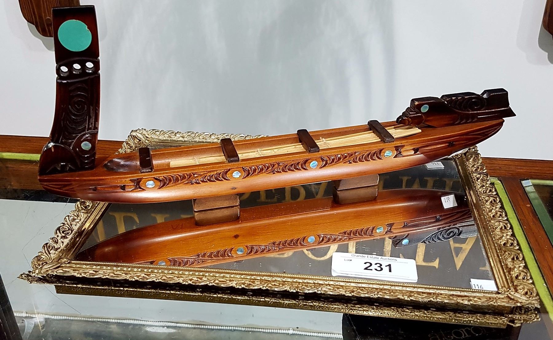 TWO MIRRORS & NATIVE CARVED LONG BOAT SIGNED