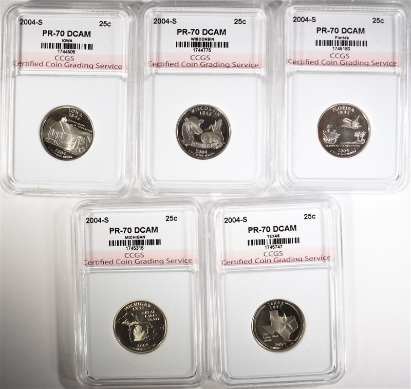 2004-S STATE QUARTER SET (5 COINS) ALL CCGS PERFECT GEM PROOF DEEP CAMEO