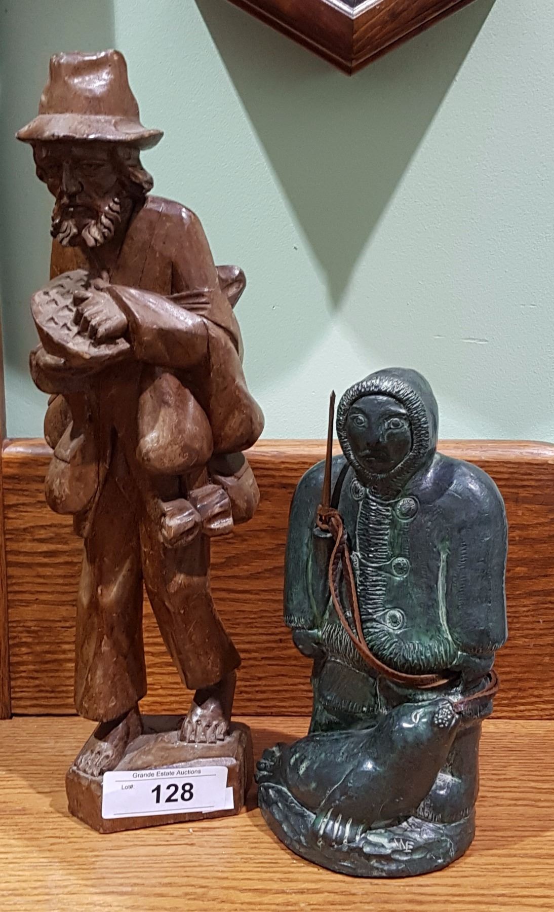 INUIT FIGURE AND QUEBEC CARVED WOOD MINER SIGNED