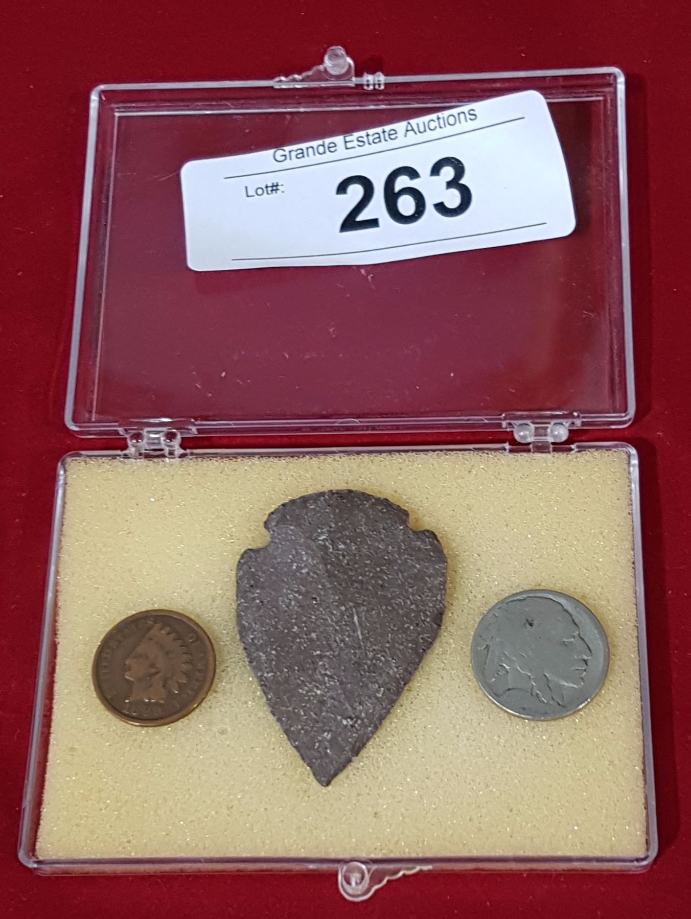 LARGE NATIVE ARROWHEAD, 1930'S BUFFALO HEAD NICKEL, 1899 INDIAN HEAD PENNY