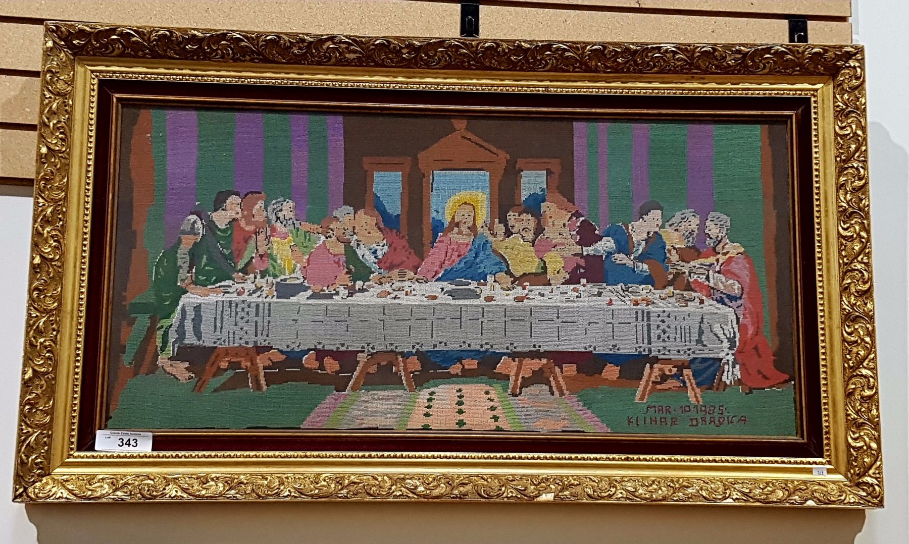 GILT FRAMED NEEDLEPOINT THE LAST SUPPER SIGNED