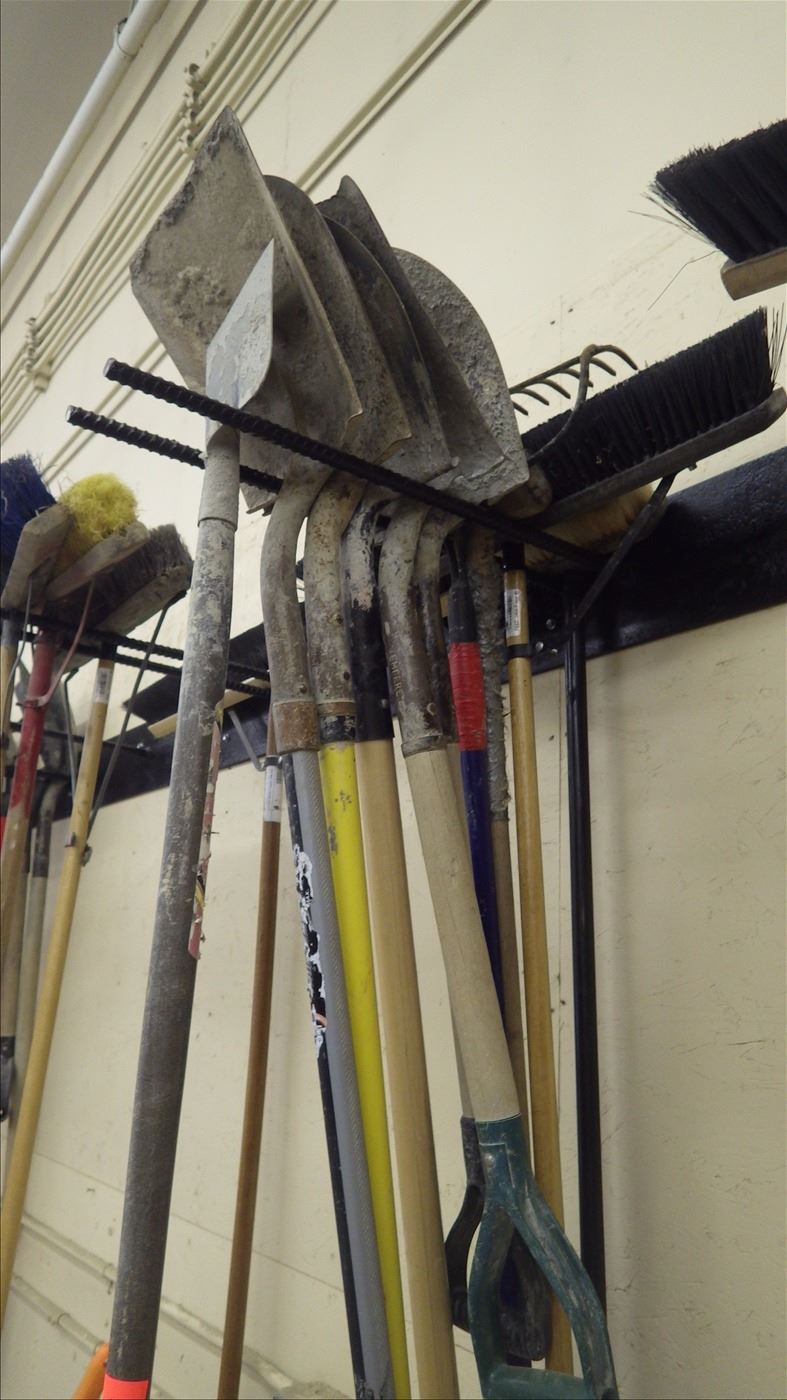 Grouping of scraper/ various shovels / rake / broom / sledge hammer