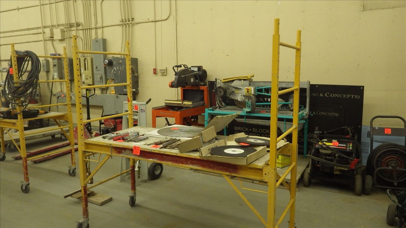 Adjustable metal shelving, work platform on wheels