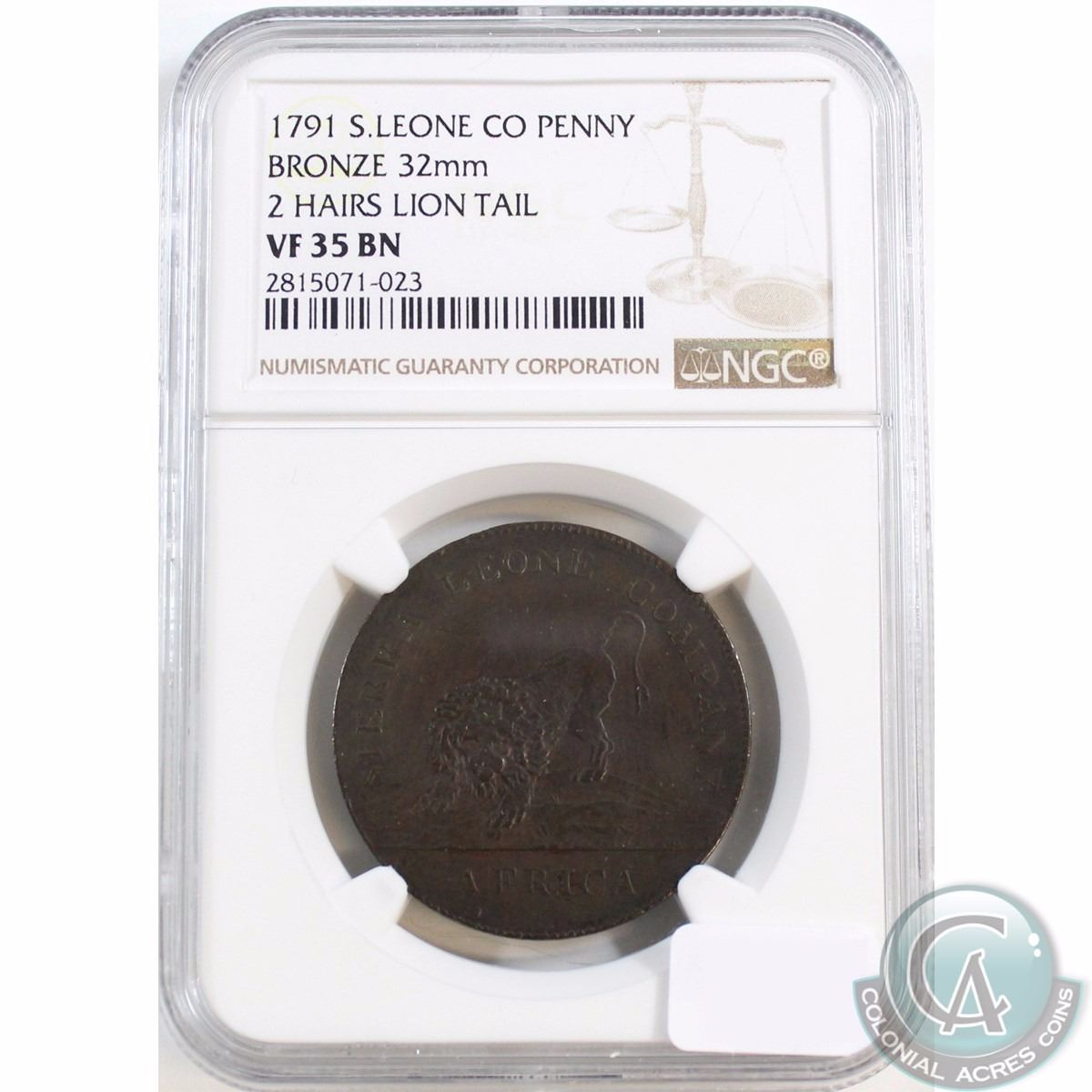 Sierra Leone; 1791 Sierra Leone Co. Penny Bronze 32mm 2 Hairs Lion Tail ...