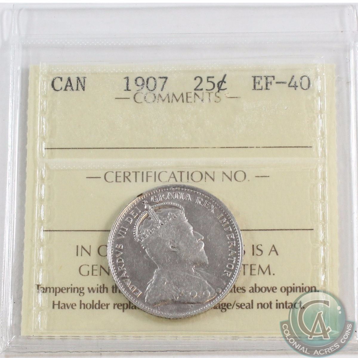 25-cent 1907 ICCS Certified EF-40