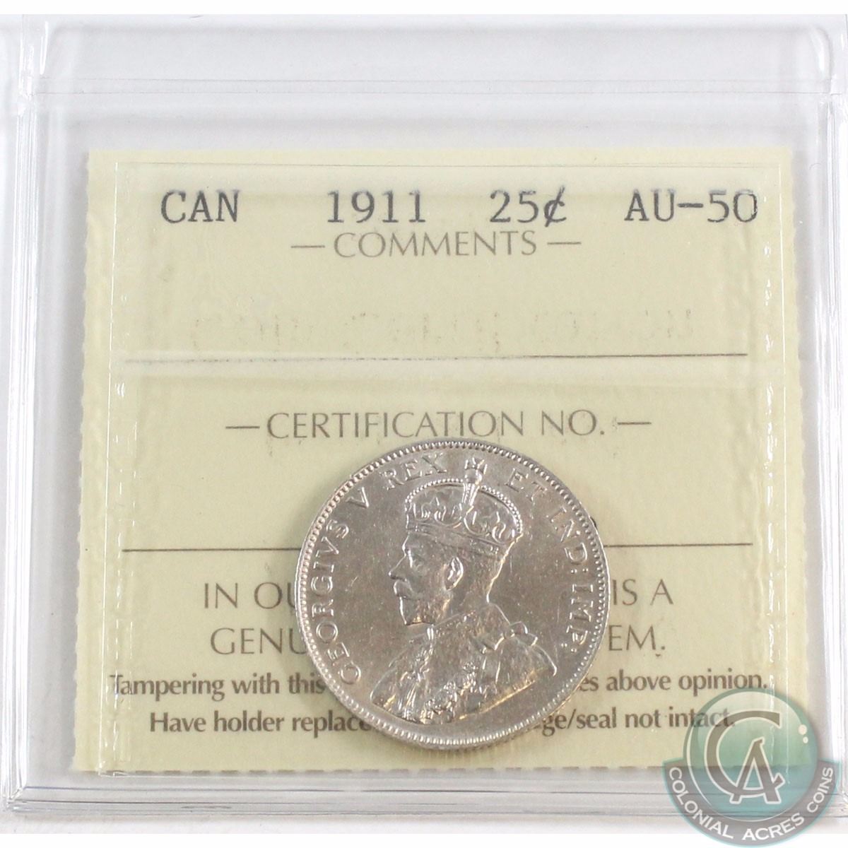 25-cent 1911 ICCS Certified AU-50