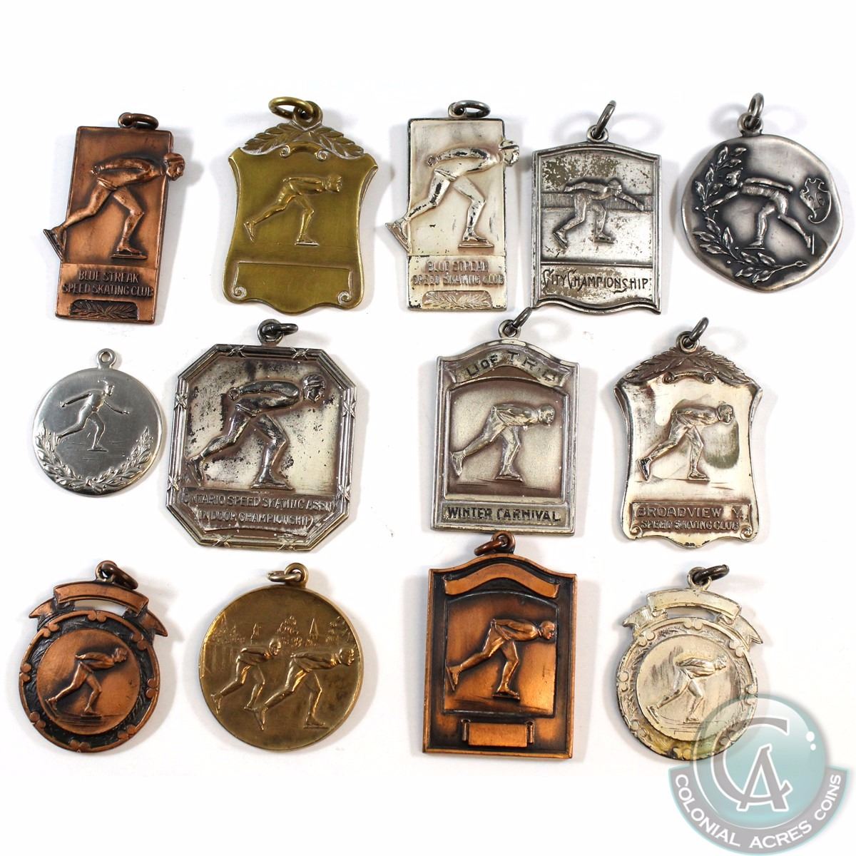 Estate lot of 13x vintage Speed Skating themed Sport medals. This lot ...
