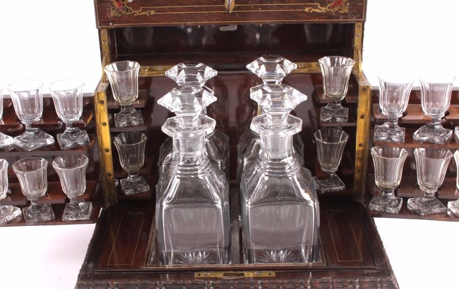 Antique Inlaid Wooden Decanter Bar Set