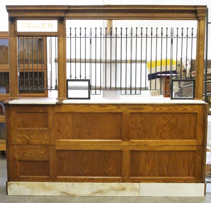 Early Oak Bank Teller Window & Counter c. 1900