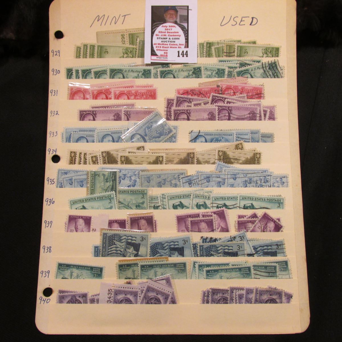 Stock page with multiple mint and used Scott #929-940 stamps.