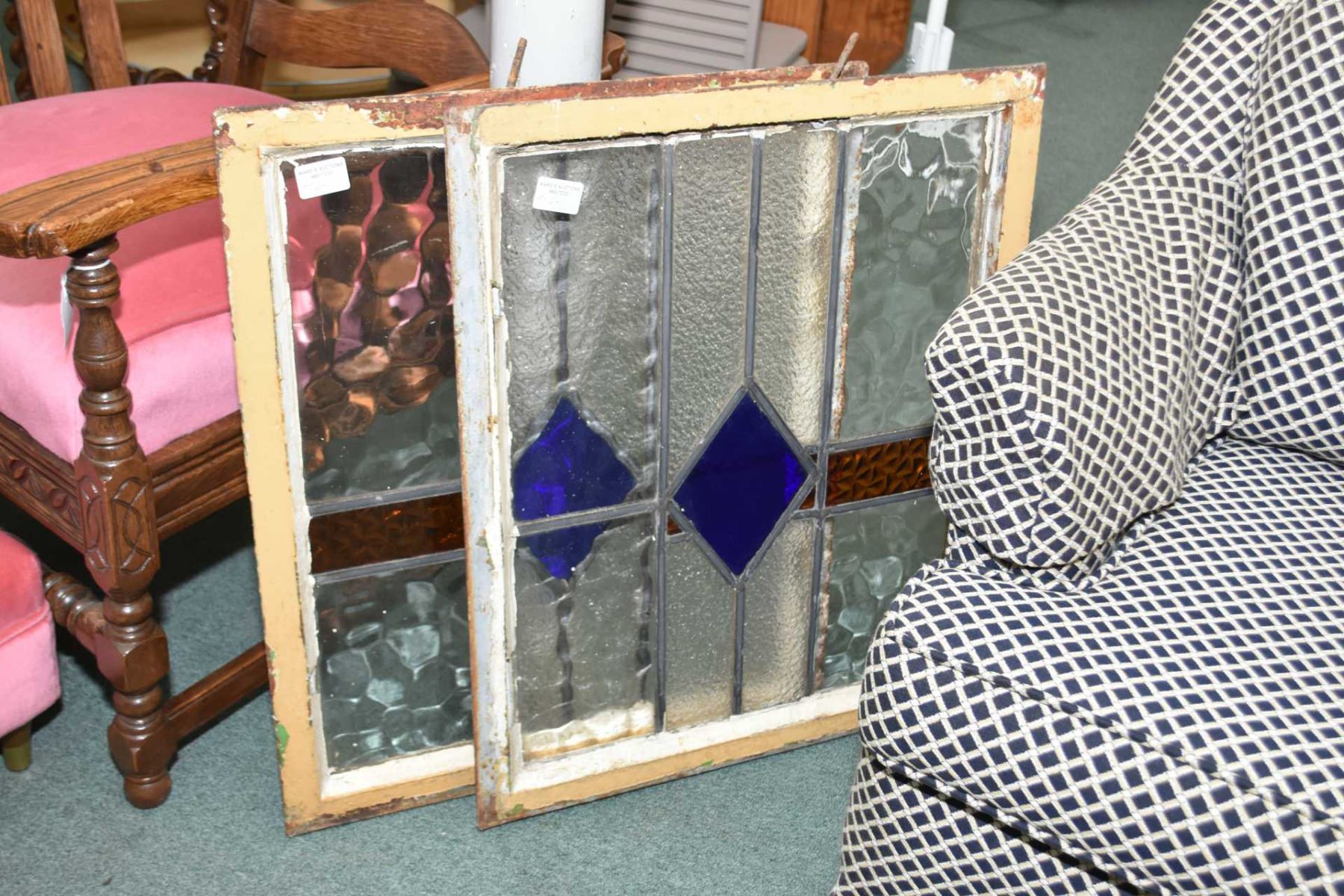 Pair of matching vintage metal framed stained leaded glass window ...