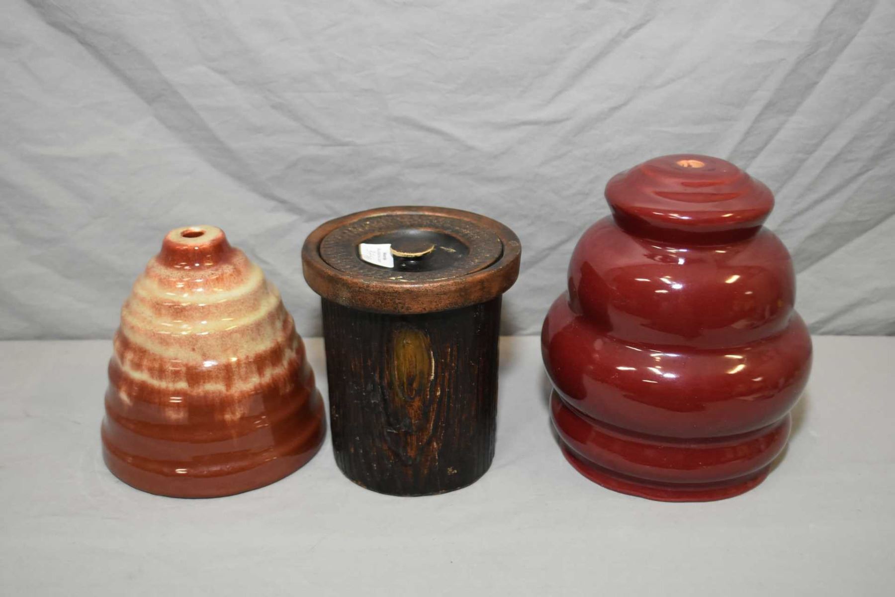 Two unusual Medalta pottery lamp vases including one beehive shaped and ...
