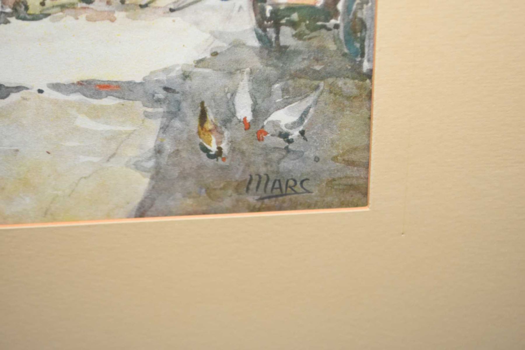 Framed European watercolour of a street scene signed by artist Marc, 12 ...