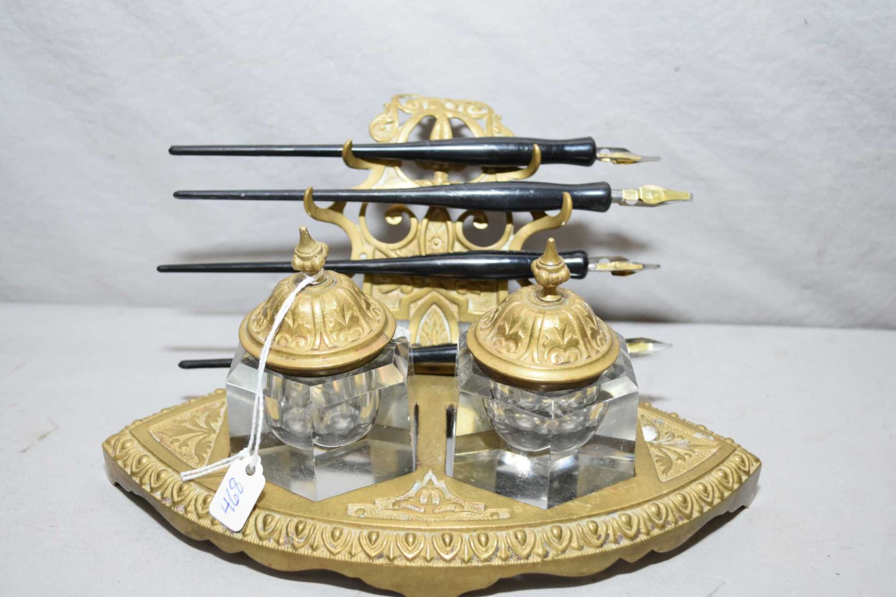 Brass double inkwell with pen holder and crystal ink bottles