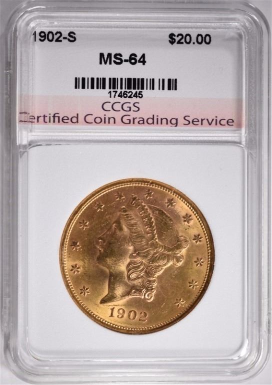 1902-S $20.00 GOLD LIBERTY, CCGS CH/GEM BU