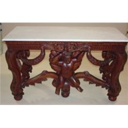 MARBLE TOP CONSOLE TABLE WITH CHERUB DECORATION