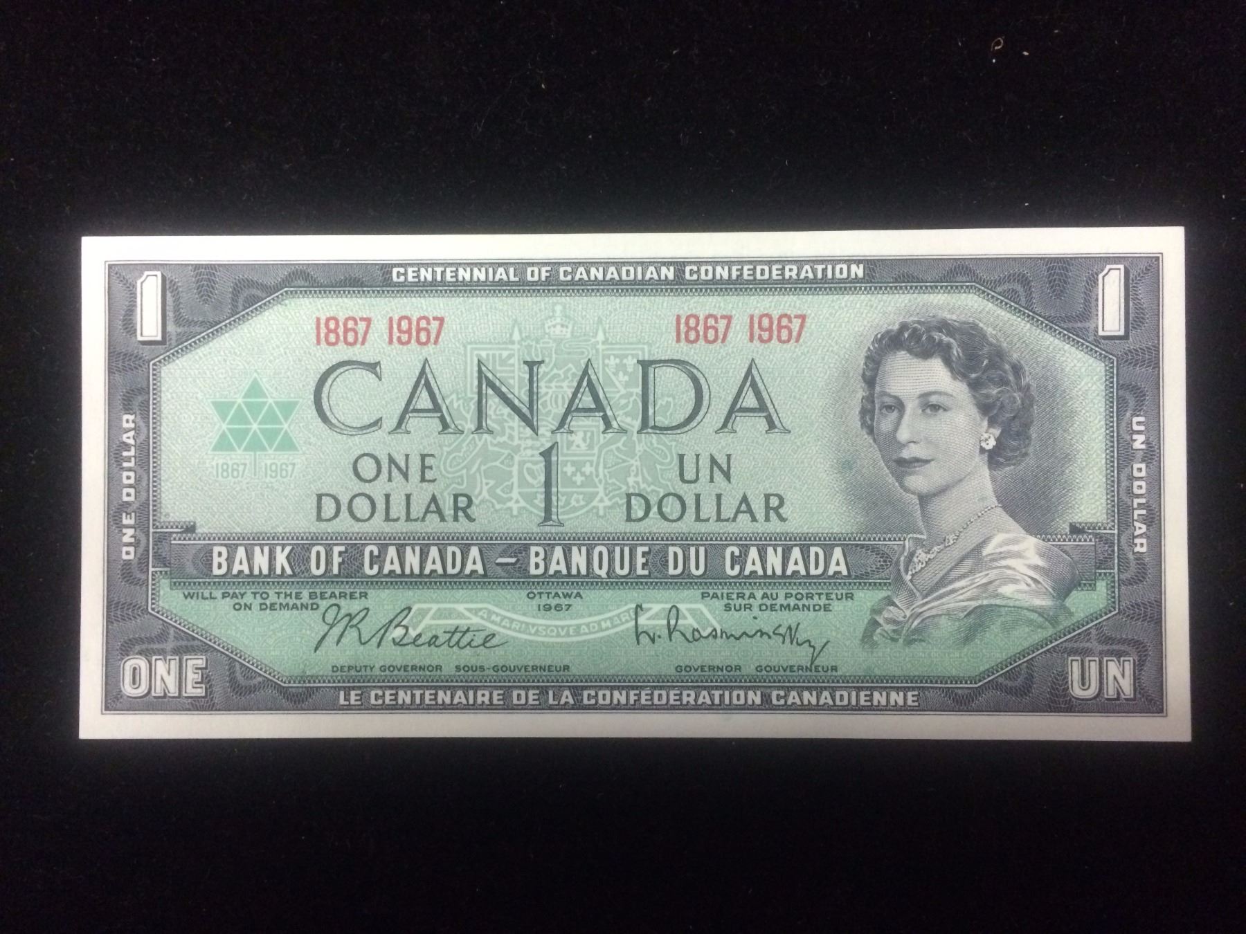 1967 - Canada $1 bank note - Canadian one dollar bill - 1867-1967
