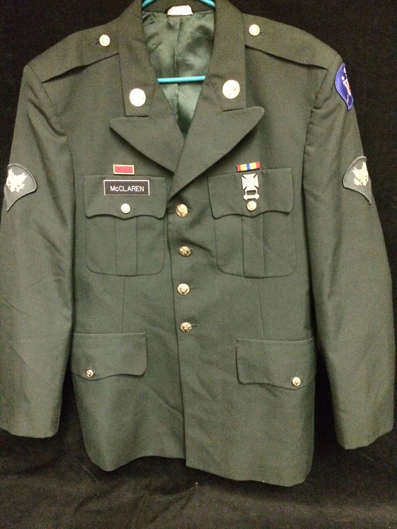MILITARY JACKET WITH NAME BADGE & WAR MEDALS