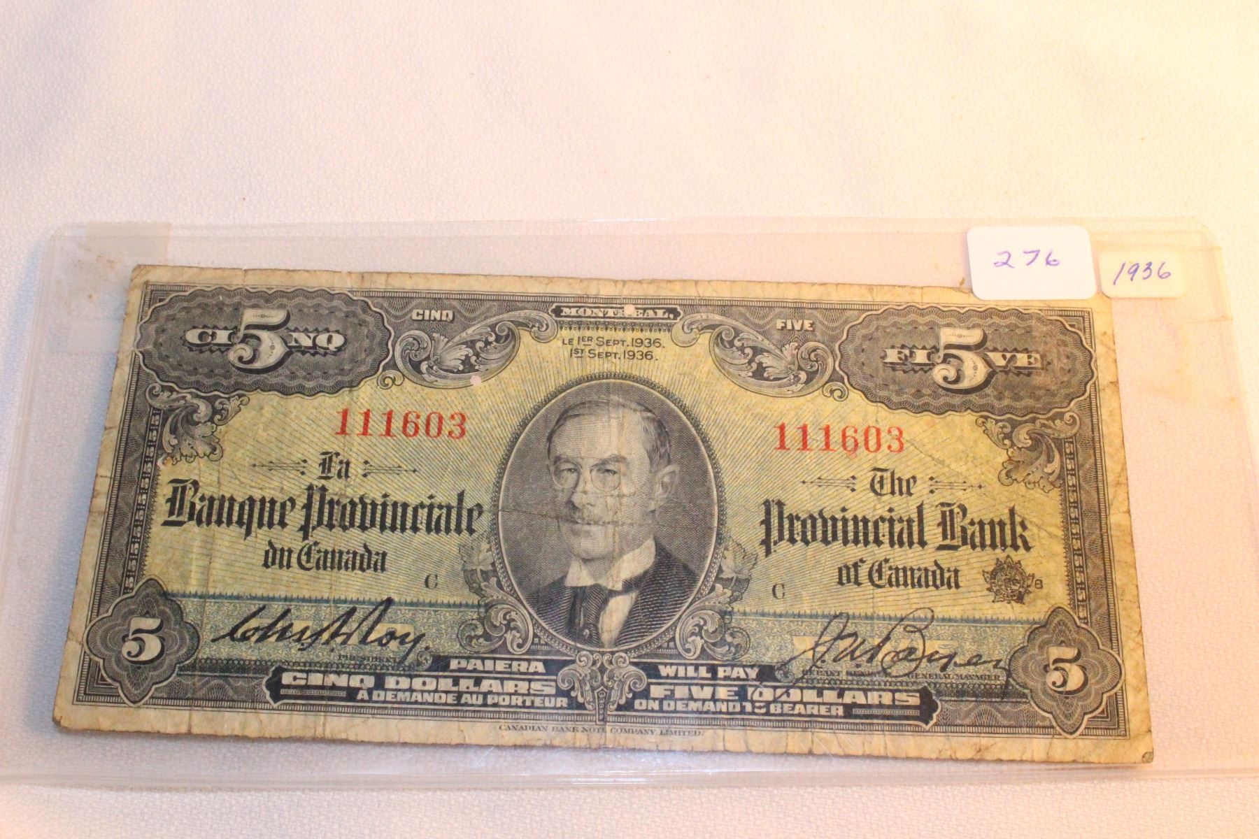 1936 Provincial Bank of Canada Five Dollar Bill