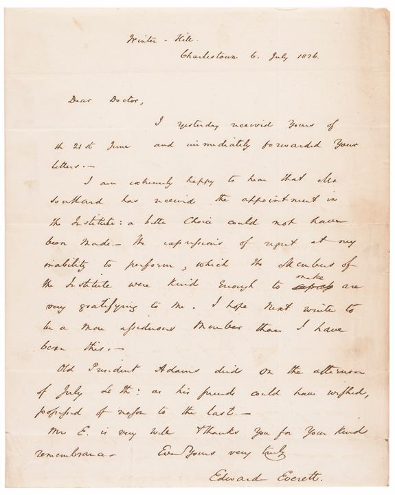 July 6, 1826 EDWARD EVERETT’s Letter Reports on JOHN ADAMS Death on ...