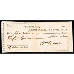 c. 1800 Continental Army Brigadier General WILLIAM IRVINE Signed Check