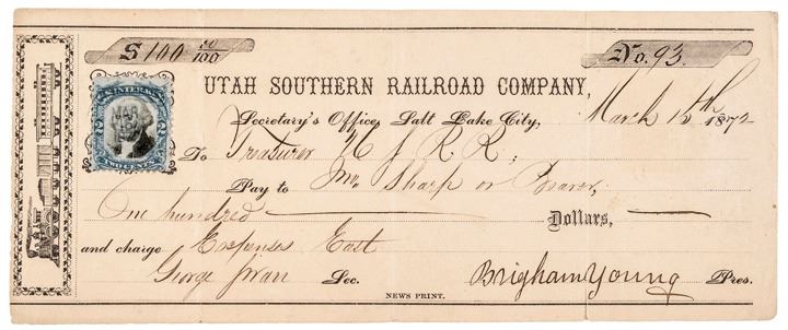1872-Dated Mormon Leader BRIGHAM YOUNG Signed 1872 Check