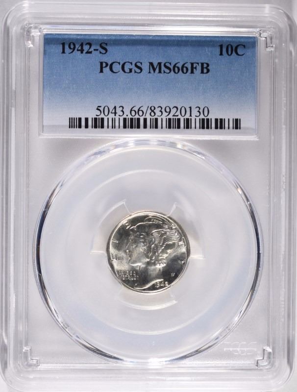 1942-S MERCURY DIME, PCGS MS-66 FULL BANDS