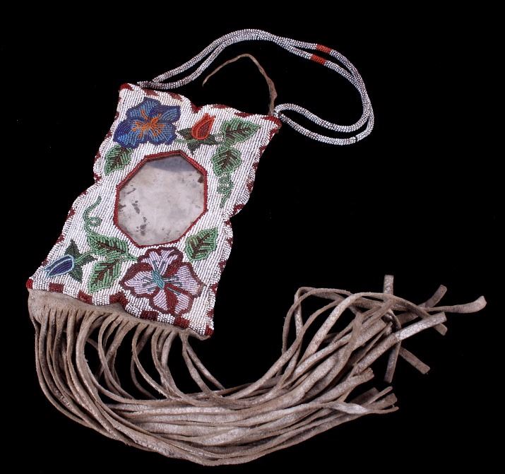 Crow Fully Beaded Mirror Flat Bag 19th Century
