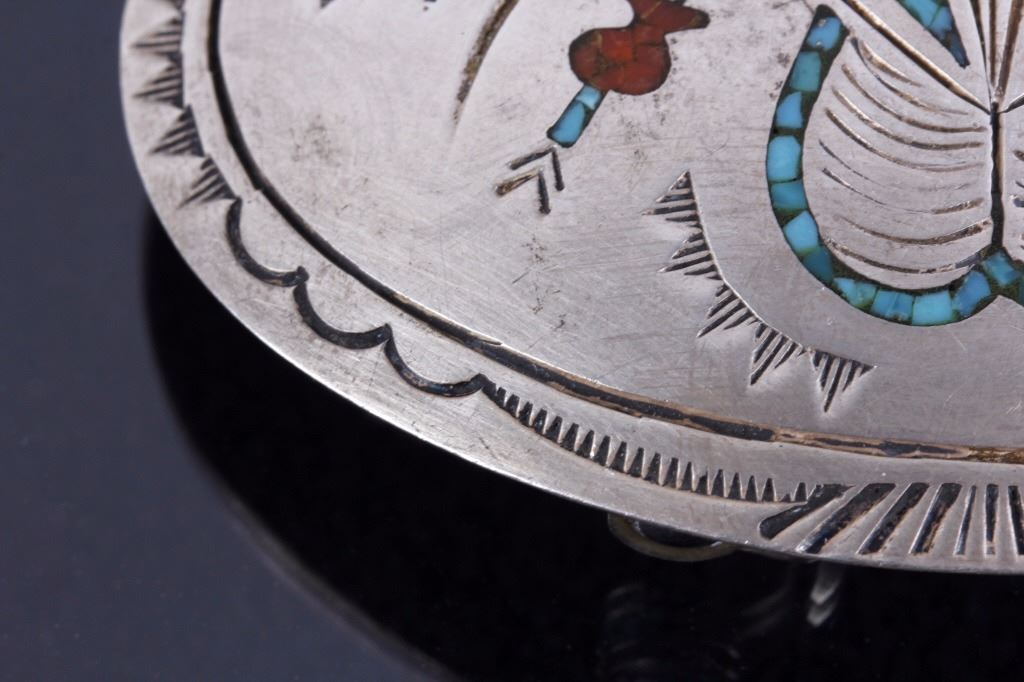 Navajo Inlaid Chip Turquoise & Coral Belt Buckle