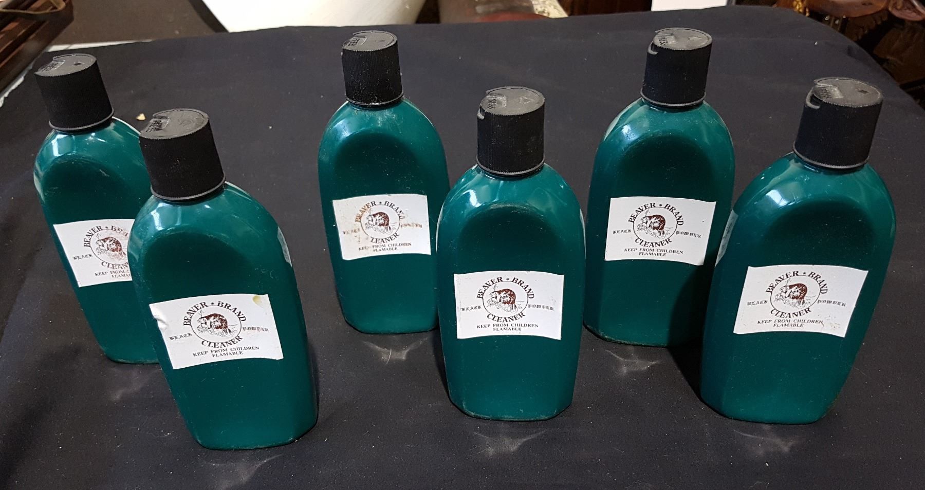 SIX FULL BOTTLES BEAVER BRAND BLACK POWDER CLEANER