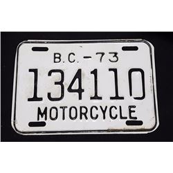 1973 BC MOTORCYCLE LICENSE PLATE
