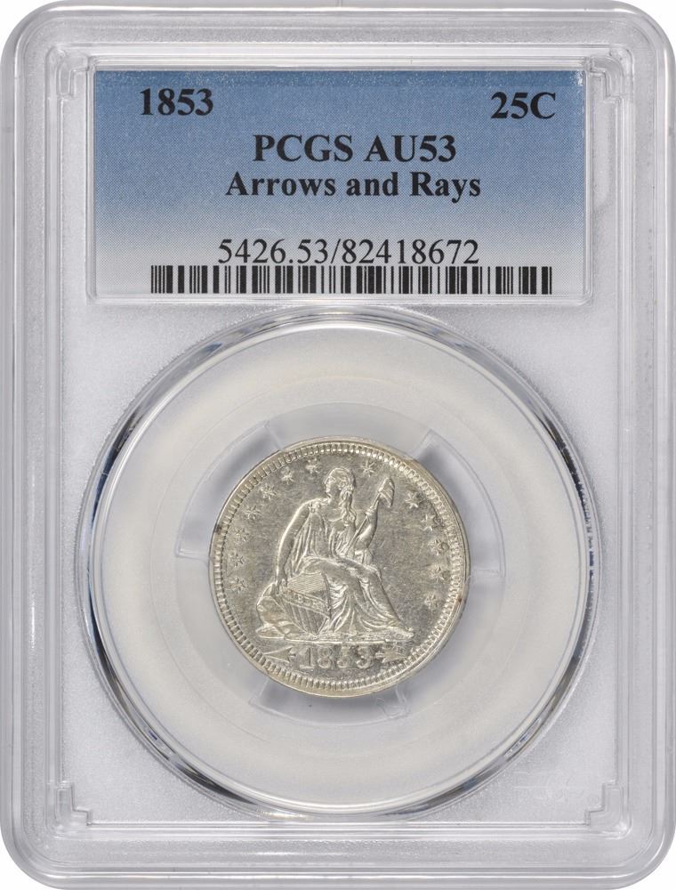 1853 25C. Arrows and Rays. PCGS AU53.