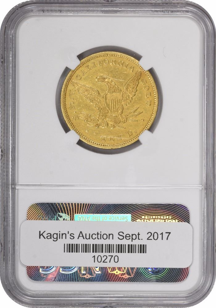 1849 Moffat & Co. $10 Gold. Kagin-5. Rarity-6+. Reeded Edge. AU-55 NGC.