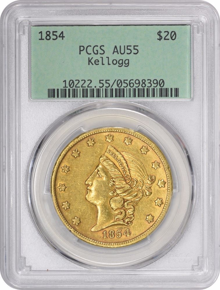 1854 Kellogg & Co. Gold $20. Kagin-2. Rarity-4. Reeded Edge. AU-55 PCGS ...